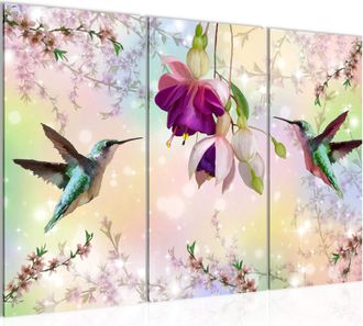 Runa Art Wandbilder Blumen Vogel Bild XXL Wohnzimmer Schlafzimmer Bunt Kolibri Vintage 120 x 80 cm 3 Teilig 015231a