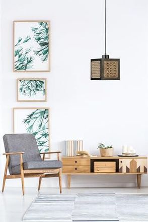 Opviq Elegant FIR Wood Chandelier with Natural Rattan Cap, Adjustable Height 70 cm, E27 Socket, 18 cm Diameter | Stylish Black & Rattan Design for Modern Sp