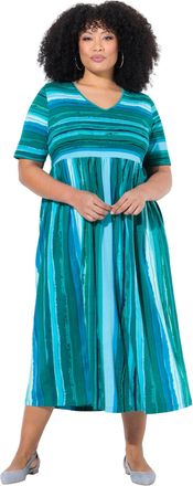 Ulla Popken Damen große Größen Übergrößen Plus Size Jerseykleid, Streifenmix, A-Linie, V-Ausschnitt, Halbarm tiefes Aqua 50+ 829524740-50+