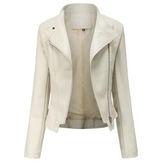 Generic Veste de moto courte en cuir synth&eacute;tique pour femme avec col &agrave; revers et fermeture &eacute;clair, beige, XXL