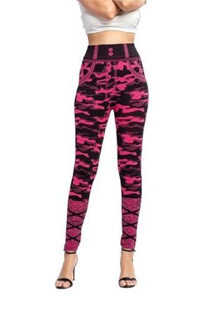 ORANDESIGNE Jeggings Femme Taille Haute Legging Aspect Jean Leggings Effet Jean Legging Look Denim Slim Collant Extensible A Rose Rouge 3XL