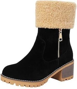 Generic Bottes dhiver pour femme doubl&eacute;es de fausse fourrure confortables mi-mollet &eacute;l&eacute;gantes d&eacute;contract&eacute;es r&eacute;tro talon &eacute;pais fermeture &eacute;clair lat&eacute;rale confor