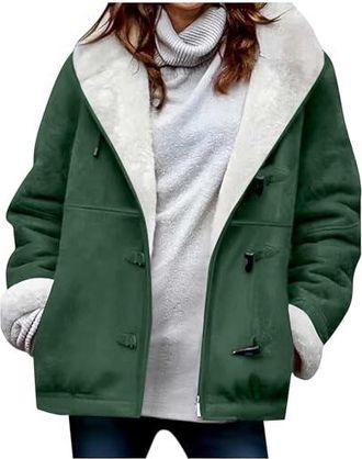 Generic Manteaux dhiver pour femme avec doublure Sherpa - Veste à capuche chaude et ample avec boutons en corne, Vert noir, 3XL