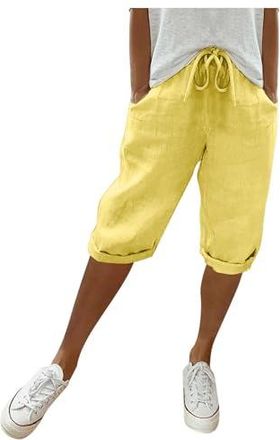 Generic Short d&eacute;t&eacute; d&eacute;contract&eacute; en Coton et Lin avec Cordon de Serrage &agrave; la Taille Poches pour Femme randonn&eacute;e Longueur Genou V&ecirc;tement d&eacute;tente Haute