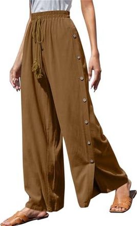 Generic Pantalon boh&egrave;me avec boutons sur le c&ocirc;t&eacute; pour femme - Taille haute - Cordon de serrage - Jambe fendue fluide - Vacances - Plage - Yoga - Pour les voya