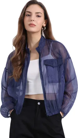 Allegra K Damen Transparente Bomberjacke Durchsichtige Jacken Langen &Auml;rmeln Rei&szlig;verschluss Dunkelblau M
