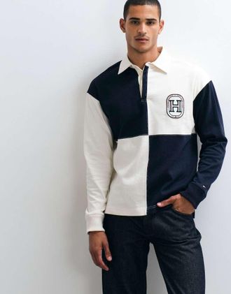 Tommy Hilfiger Chemise de rugby &agrave; carreaux avec logo universitaire - Cr&egrave;me-Blanc