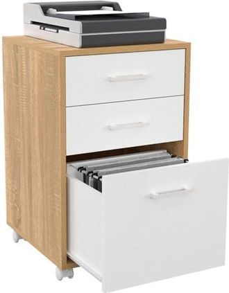 IDMarket Caisson de Bureau Jon Support imprimante 3 tiroirs Blanc et Bois