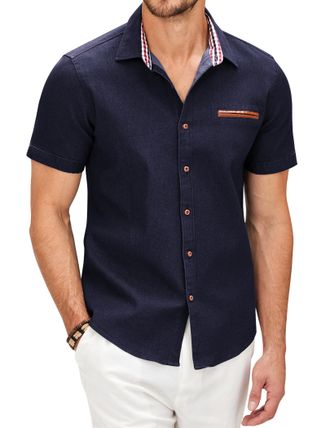 Coofandy Hemden Herren Kurzarm Jeanshemd Männer Hemden Kurzarmhemd Denim Shirt Sommerhemd Cowboy-Style Freizeithemden für Herren Westernhemden Komfort Fit Navy