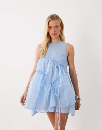 Ghospell Indie - Robe courte sans manches &agrave; superposition en tulle avec cordon de serrage - Bleu clair