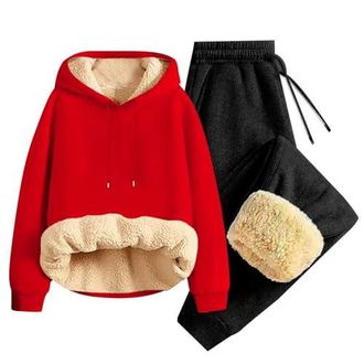 Generico Combinaison dhiver pour femme de sport en polaire chaude compl&egrave;te en molleton avec fermeture &eacute;clair &agrave; capuche et pantalon en velours complet 2 pi&egrave;ces 