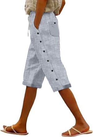 Generic Pantalon 3/4 Femme Chic Lin Pantacourt avec Boutons latéraux Impression à Rayures Pantalons Été Taille Élastique Et Cordon De Serrage Coton Confortabl
