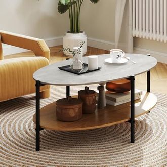 Costway GOPLUS Table Basse C&eacute;ramique, Table de Salon Rond 2 Niveaux, Vrai Marbre Pierres Composite& Cadre M&eacute;tallique, Style Moderne pour Entr&eacute;e, 105 x 65 x 43