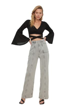 Trendyol Trendyol Damen Gray Stitch Detailed High Waist 90s Wide Leg Jeans, Gray, 36 EU