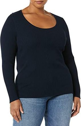 Amazon Essentials Pull à manches longues et encolure ronde en maille fine extensible (grandes tailles disponibles) Femme, Bleu Marine, XL Grande taille