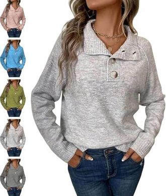 Generic Pull à col montant boutonné en tricot torsadé pour femme, col en V, couleur unie, pull tricoté à manches longues, pull tendance, gris, XL