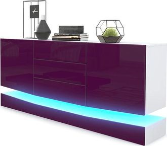 Vladon Sideboard City, Made in Germany, Weiß matt/Brombeer Hochglanz inkl. LED - Moderne Kommode für Ihr Wohnbereich (178 x 72 x 38 cm)