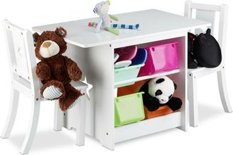 Relaxdays Relaxdays - Ensemble table et chaises enfants en bois albus emplacement pour caisses de rangement, blanc