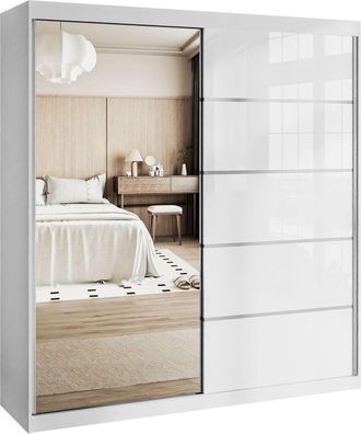 Lukmebel Kleiderschrank - Kleiderstange Schrank - Schwebetürenschrank mit Spiegel BASTER 200 x 58 x 215 cm Schrank Weiß-Hochglanz - Schlafzimmer Möbel - Alumin