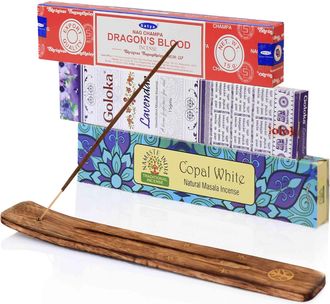 NKlaus R&auml;ucherst&auml;bchen Set - Satya Dragons Blood, Goloka Lavendel & Namaste Copal White + Holzhalter | 3er R&auml;ucherwerk f&uuml;r Entspannung & Raumreinigung