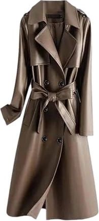 Generic Trench-coat en simili cuir pour femme - Printemps Automne Double Boutonnage Revers crant&eacute; Slim Ceintur&eacute; X-Long Outwear, 1, L