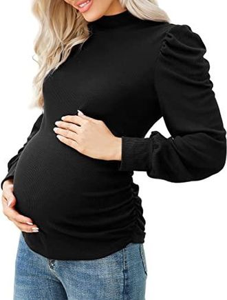KOJOOIN Chemise de Grossesse Femme Manches Longues col roul&eacute; Mode de Grossesse avec Fronces lat&eacute;rales Noir XL