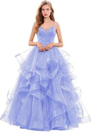 Generic Robe de bal en tulle pailleté avec col en V et bretelles spaghetti, robe de demoiselle dhonneur, robe de soirée formelle longue à étages, bleu cyan, 4