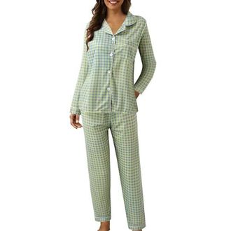 Generic Ensemble de pyjama 2 pi&egrave;ces pour femme avec boutons et manches longues, pantalon long, v&ecirc;tement de d&eacute;tente doux avec poches, Multicolore-J, XXL