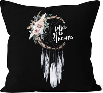 Autiga Kissenbezug Traumf&auml;nger Dreamcatcher Follow Your Dreams Spruch Blumen Federn Spruch Boho Kissen-H&uuml;lle Deko-Kissen schwarz Unisize