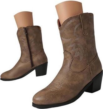 Generic Bottes de cowboy pour femme, coupe large, bottes de cowboy en daim brodé, bottes de cowgirl confortables à talon épais brodé, bottes occidentales rétr