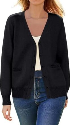 Generico Pull à manches longues confortable pour le bureau et les loisirs Cardigan dautomne léger en tricot pour femme avec col en V et poches, Noir, XL