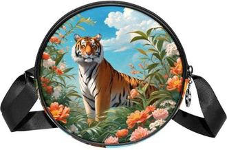 Generic Petit sac &agrave; bandouli&egrave;re rond pour femme, motif fleur de tigre, sac &agrave; dos avec fermeture &eacute;clair, bretelles r&eacute;glables, sac &agrave; main rond d&eacute;contract&eacute; pour 