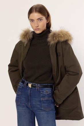 Gerard Darel Parka en coton &agrave; capuche en fourrure - MINA - Vert Kaki