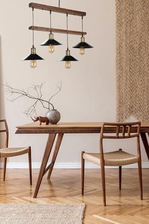 Opviq Industrial Rustic Chandelier, Wooden Body & Metal Cap, 15 cm Diameter, 80 cm Height, Adjustable, E27 Socket, Brown & Black | Perfect for Country Homes