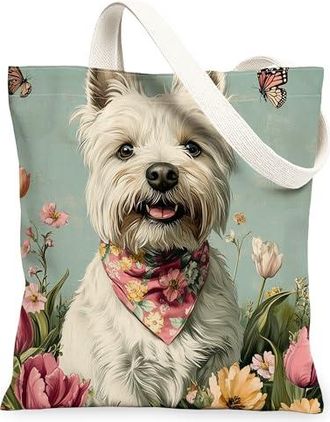 Generic Spring Westie Sac fourre-tout en toile pour faire du shopping 33 x 38,1 cm, motif floral vintage, sac d&eacute;picerie r&eacute;utilisable pour femme, peinture dani