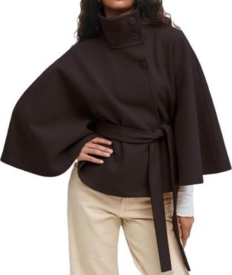 Generic Manteau en laine &agrave; manches chauve-souris pour femme - Col montant - Ceinture - Style d&eacute;contract&eacute; - Pour lhiver, marron, M