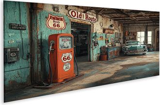 Islandburner Prime Bild auf Leinwand Klassische Route 66 Tankstelle und Oldtimer für Wohnzimmer Oldtimer-Enthusiasten Autohaus Bilder Wandbilder Poster