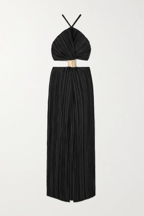 Cult Gaia Mitra Neckholder-robe Aus Plissiertem Satin Mit Cut-outs Und Verzierungen - Schwarz