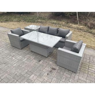 Fimous Rattan Gartenm&ouml;bel Set mit Sofa, H&ouml;he verstellbar Esstisch,2 Sessel,Beistelltisch,Outdoor Terrassen Essgruppe 5-teilige Sitzgruppe Helles Grau