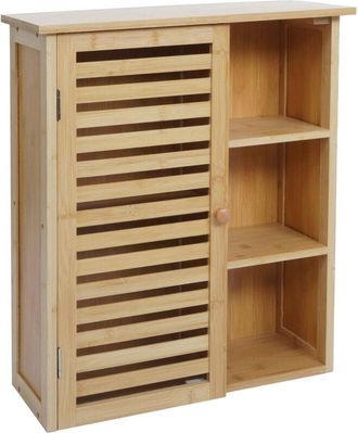 Hhg Hängeschrank HHG-323, Badschrank Badezimmerschrank, Türe Staufächer Bambus 60x50x19cm