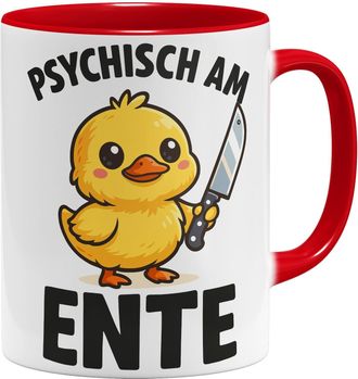 OM3 Psychisch am Ente Kaffee-Tasse mit Spruch - Spruchtasse Fun Motiv - Schwarzem Humor - Keramik Becher - 325ml - Beidseitig Bedruckt - Rot