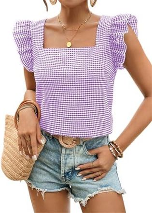 Generic Chemisier imprim&eacute; vichy pour femme - Col carr&eacute; - Manches courtes - Style d&eacute;contract&eacute; - Printemps et &eacute;t&eacute;, violet, XXL