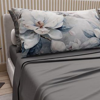 Petti Artigiani Italiani Bettwäsche aus Baumwolle mit Kissenbezügen mit Digitaldruck, Bettlaken für französisches Bett, Bettwäsche-Set mit Blumenmuster 14 Dunkelgrau, 100% Mad
