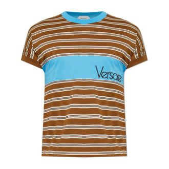Versace T-Shirt aus Baumwolle mit Streifen-Intarsien und Sticklogo - - Tops - Herren - Braun - M