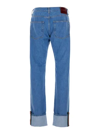Gucci Mens Blue Jeans With Logo Patch And Turn-Up Hem Cotton