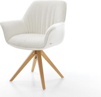 DELIFE Drehstuhl Keila-Flex mit Armlehnen Boucl&eacute; Soft Beige Holzgestell kantig Natur 180&deg; drehbar, Esszimmerst&uuml;hle