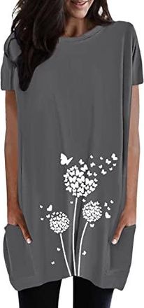 Generic T-shirt femme d&eacute;contract&eacute; col rond couleur unie imprim&eacute; poches t-shirt long haut, gris fonc&eacute;, XXL