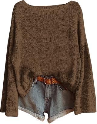 Generic Pull pour femme - Coupe ample - Col rond - &Eacute;l&eacute;gant - Tricot surdimensionn&eacute; - Couleur unie - Manches longues - Confortable - Doux et chaud - Pour lauto