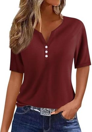Generic Tee Shirt Femme Col V T-Shirt Manches Courtes Haut Ete Basique Top Elegant avec Bouton