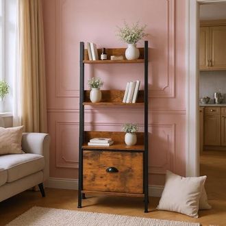 Furniture R Wohnzimmerschrank Leiterstil 4 Ebenen 42x29x110 cm mit Stoffschublade, 12 mm Holzplatten & 20 mm Metallrahmen, 7,5 cm Rückwand, Warmes Holzdesign